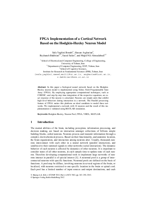 Pdf Fpga Implementation Of A Cortical Network Based On The Hodgkin Huxley Neuron Model