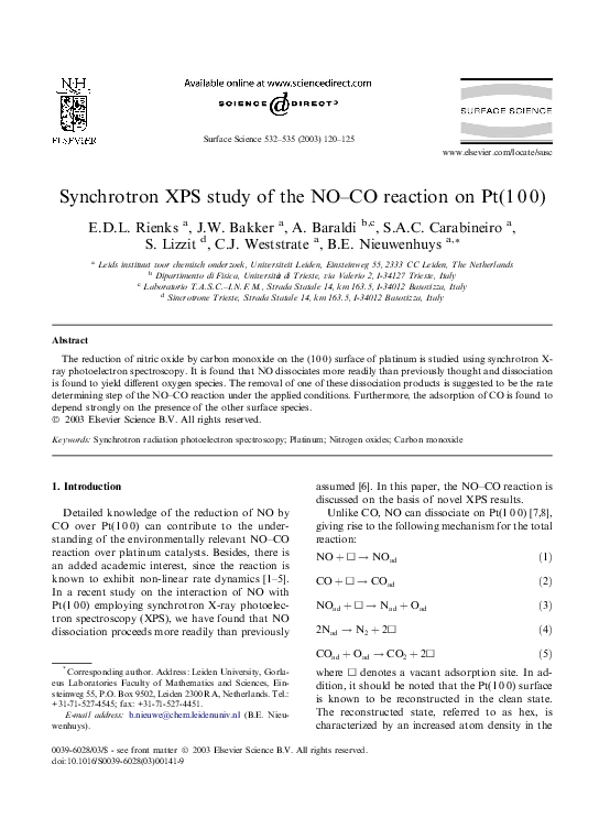 (PDF) Synchrotron XPS study of the NO–CO reaction on Pt(100)