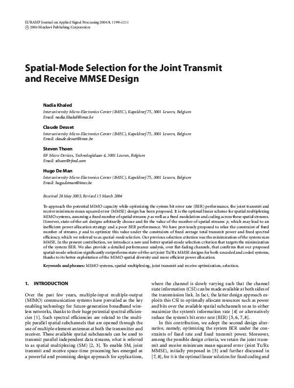 Pdf Spatial Mode Selection For The Joint Transmit And Receive Mmse Design