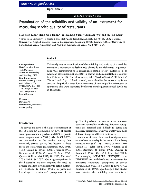 (PDF) Examination of the reliability and validity of an instrument for measuring service quality ...