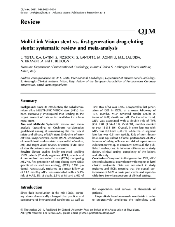 (PDF) Multi-Link Vision stent vs. first-generation drug-eluting stents ...
