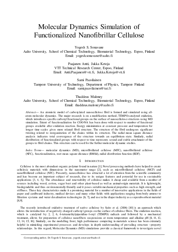 (PDF) Molecular dynamics simulation of functionalized nanofibrillar cellulose