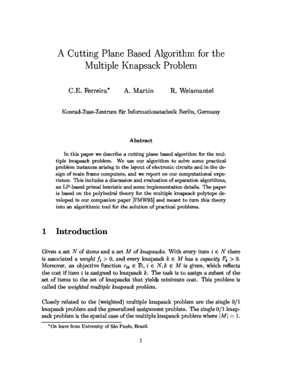 (PDF) A Cutting Plane Based Algorithm for the Multiple Knapsack Problem