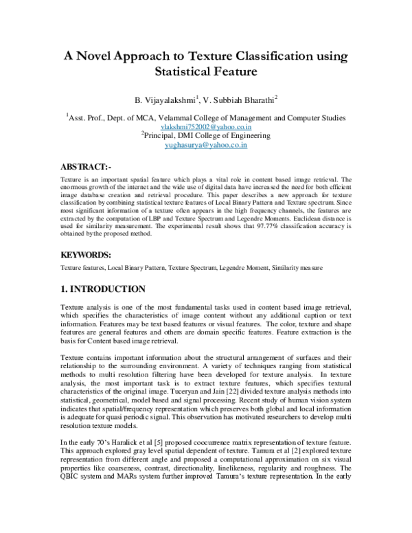 Pdf A Novel Approach To Texture Classification Using Statistical Feature