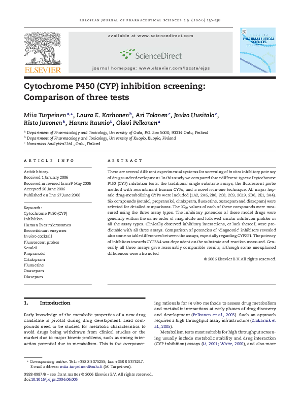 (PDF) Cytochrome P450 (CYP) inhibition screening: Comparison of three tests