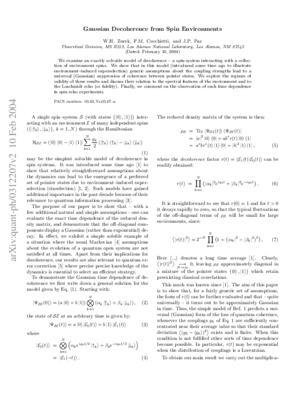 (PDF) Gaussian decoherence from random spin environments
