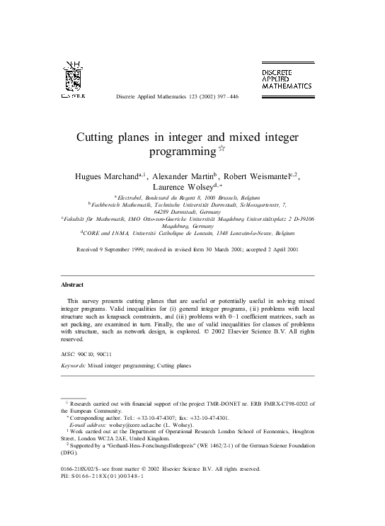 Pdf Cutting Planes In Integer And Mixed Integer Programming 1489