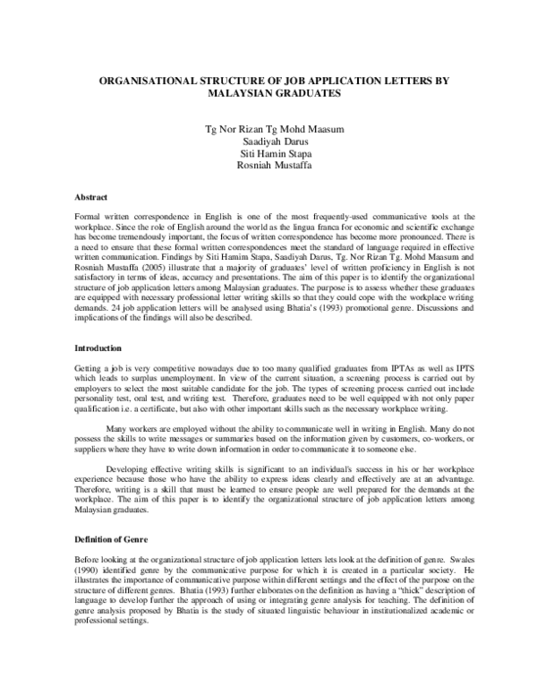 (PDF) Organisational Structure of Job Application Letters by Malaysian ...