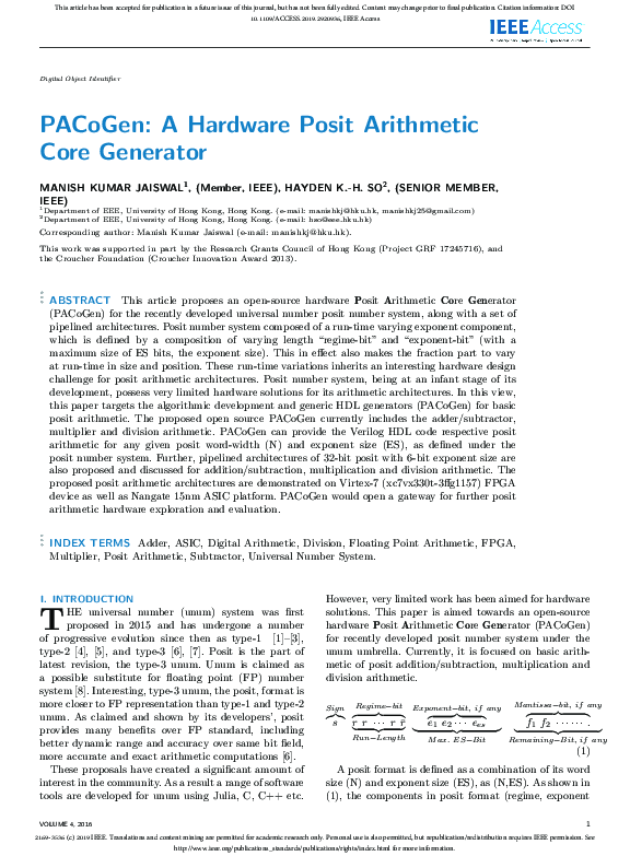 Pdf Pacogen A Hardware Posit Arithmetic Core Generator 