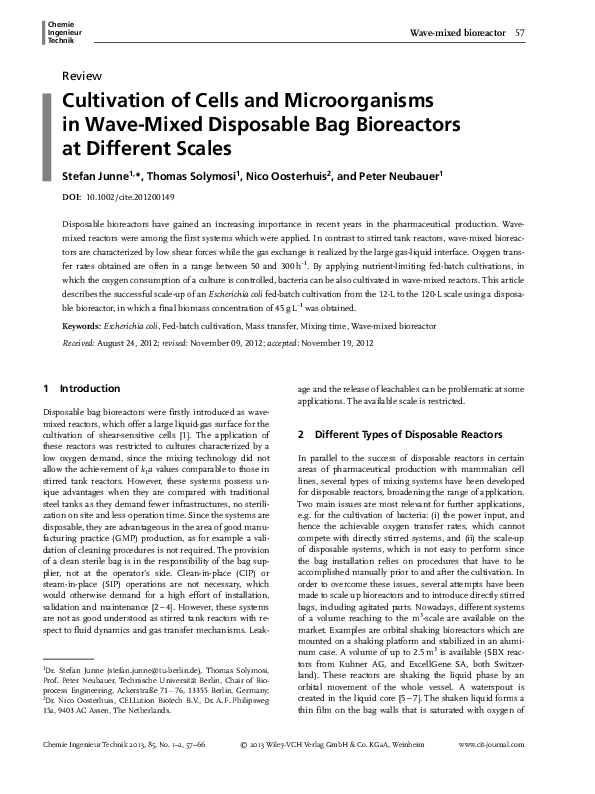 (PDF) Cultivation of Cells and Microorganisms in Wave-Mixed Disposable ...