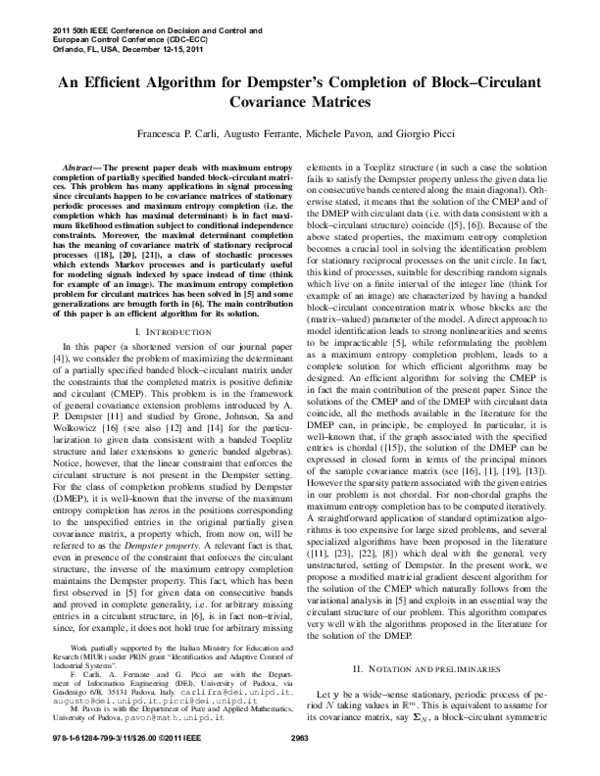 (PDF) An efficient algorithm for dempster's completion of block-circulant covariance matrices