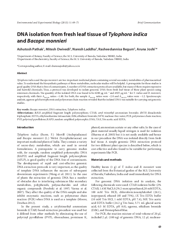 (PDF) DNA isolation from fresh leaf tissue of Tylophora indica and Bacopa monnieri