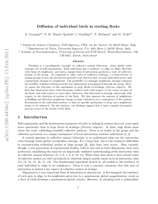 (PDF) Diffusion in starling flocks