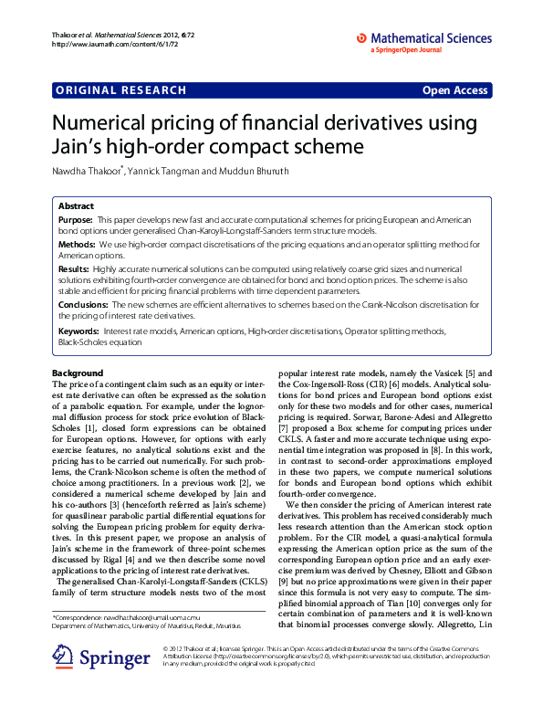 Pdf Numerical Pricing Of Financial Derivatives Using Jains High