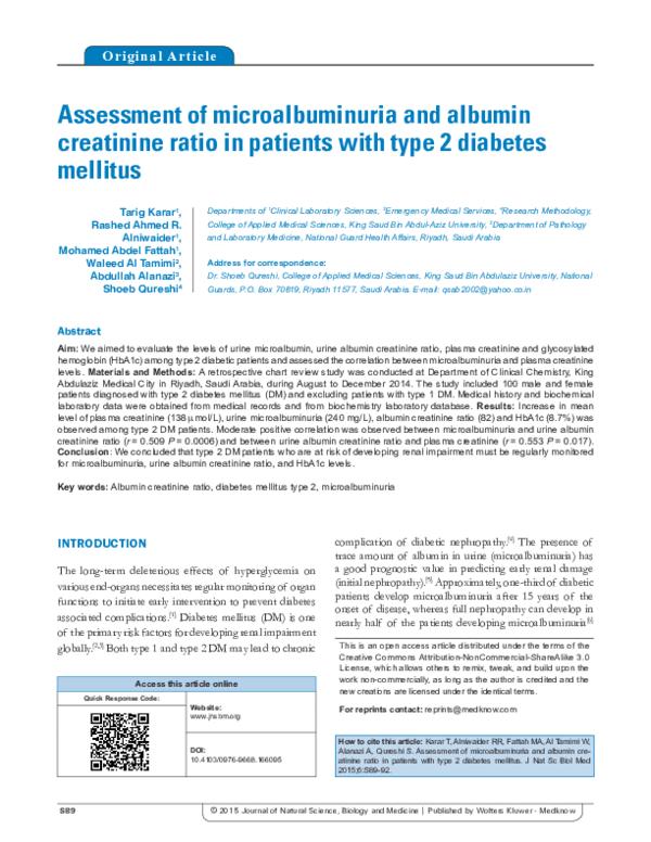 (PDF) Assessment of microalbuminuria and albumin creatinine ratio in ...