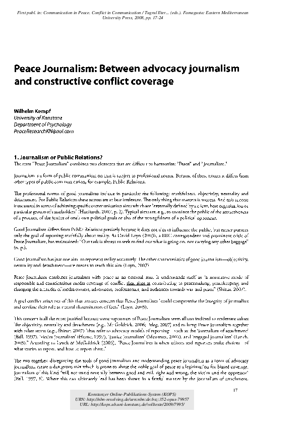 (PDF) Peace Journalism: Between advocacyjournalism and constructive ...