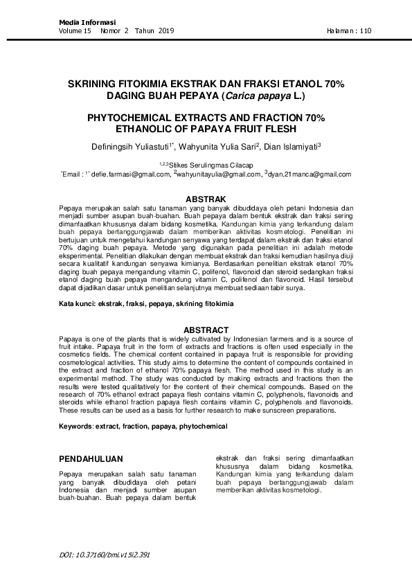 (PDF) SKRINING FITOKIMIA EKSTRAK DAN FRAKSI ETANOL 70% DAGING BUAH PEPAYA (Carica papaya L.)