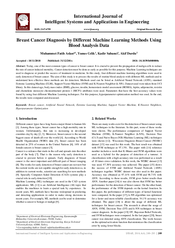 (PDF) Breast Cancer Diagnosis by Different Machine Learning Methods ...