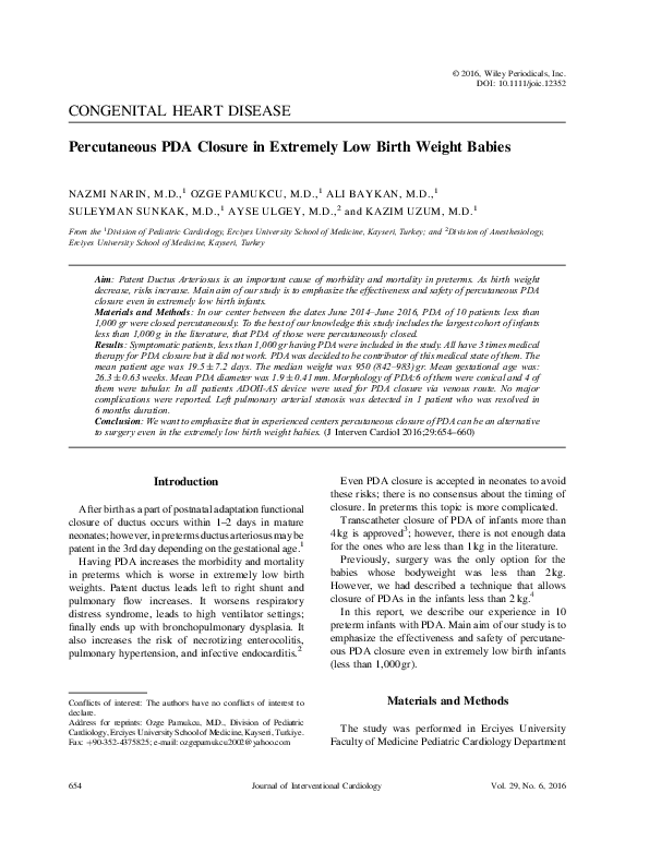 (PDF) Percutaneous PDA Closure in Extremely Low Birth Weight Babies