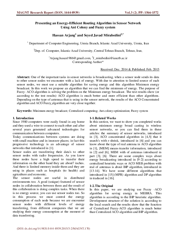 Pdf Presenting An Energy Efficient Routing Algorithm In Sensor Network Using Ant Colony And