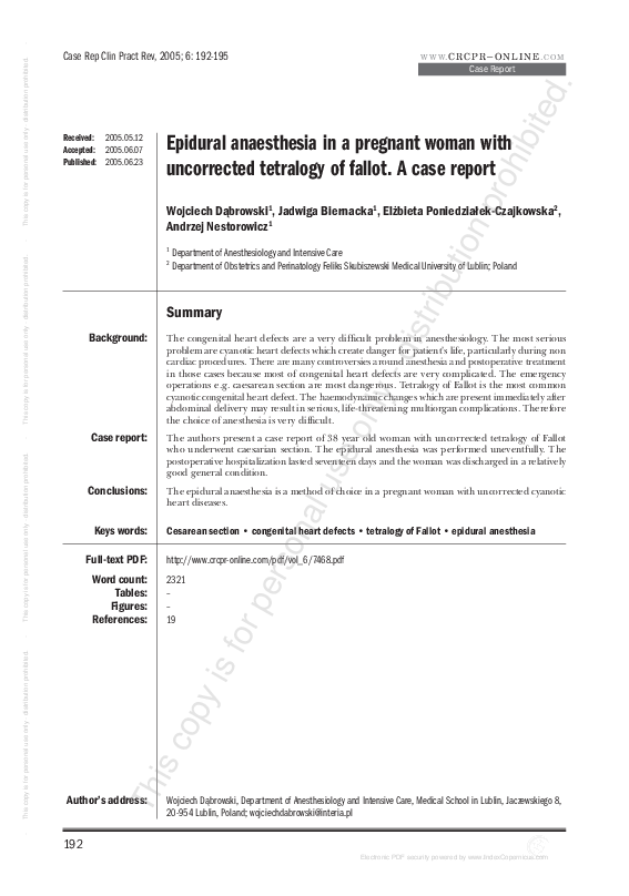 (PDF) Epidural anaesthesia in a pregnant woman with uncorrected tetralogy of fallot. A case ...