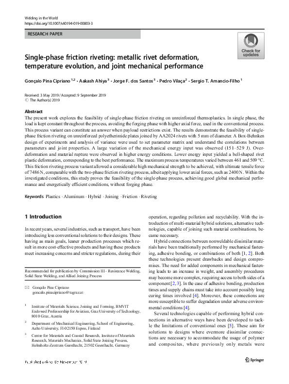 Pdf Single Phase Friction Riveting Metallic Rivet Deformation
