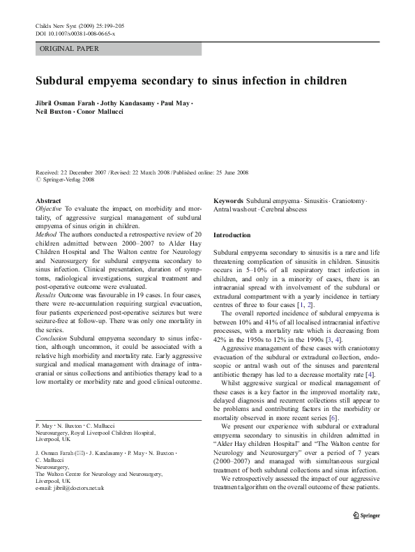 (PDF) Subdural empyema secondary to sinus infection in children | Conor ...
