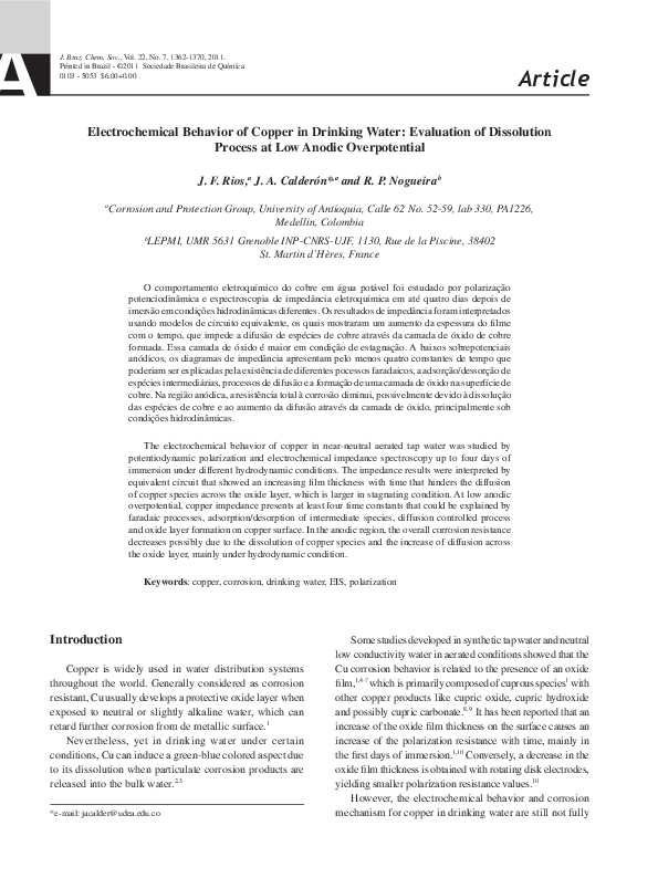 (PDF) Electrochemical behavior of copper in drinking water: evaluation ...