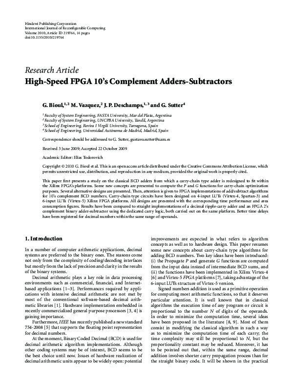 (PDF) High-Speed FPGA 10's Complement Adders-Subtractors