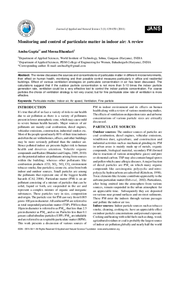 (PDF) Monitoring and control of particulate matter in indoor air: A review | meena bhandari ...