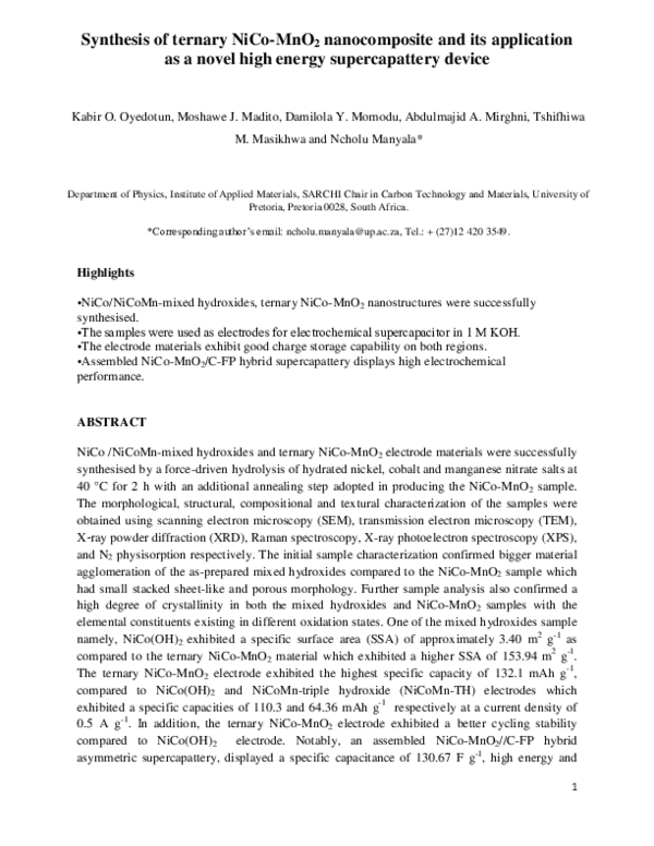 (PDF) Synthesis of ternary NiCo-MnO2 nanocomposite and its application ...