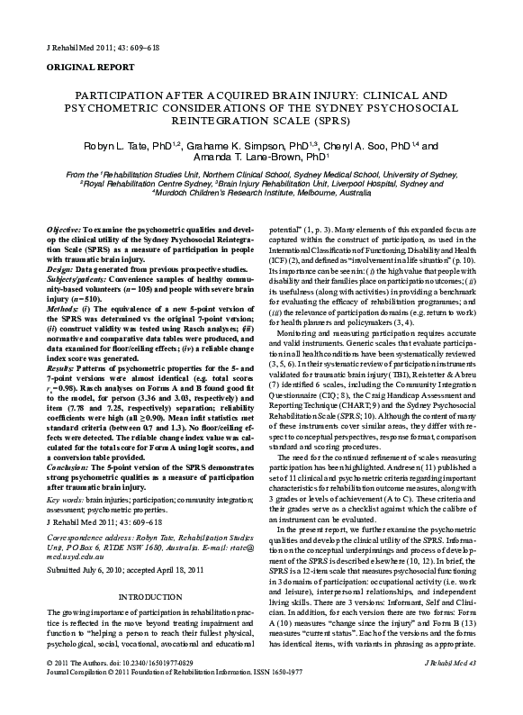 (PDF) Participation after acquired brain injury: Clinical and ...
