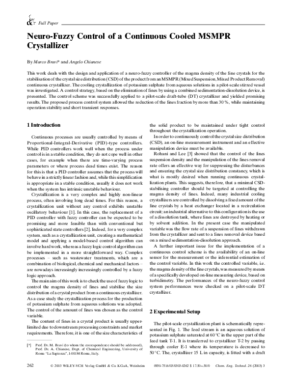 (PDF) Neuro-Fuzzy Control of a Continuous Cooled MSMPR Crystallizer