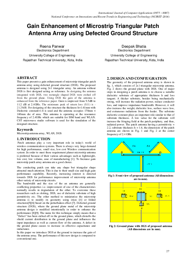 Pdf Gain Enhancement Of Microstrip Triangular Patch Antenna Array