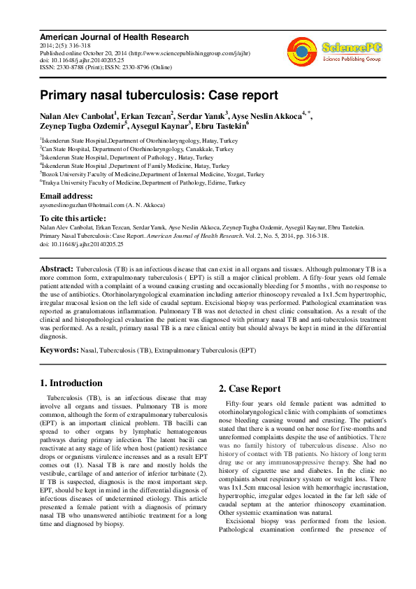 (PDF) Primary Nasal Tuberculosis: Case Report | Ljubica Zivic ...