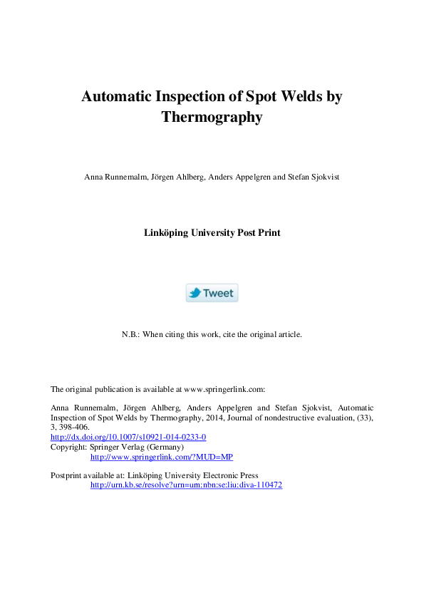 (PDF) Automatic Inspection of Spot Welds by Thermography