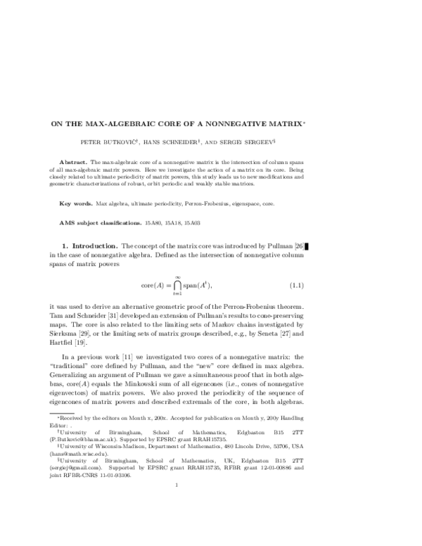 (PDF) On the max-algebraic core of a nonnegative matrix