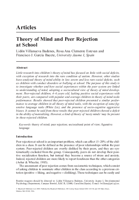 (PDF) Theory of Mind and Peer Rejection at School