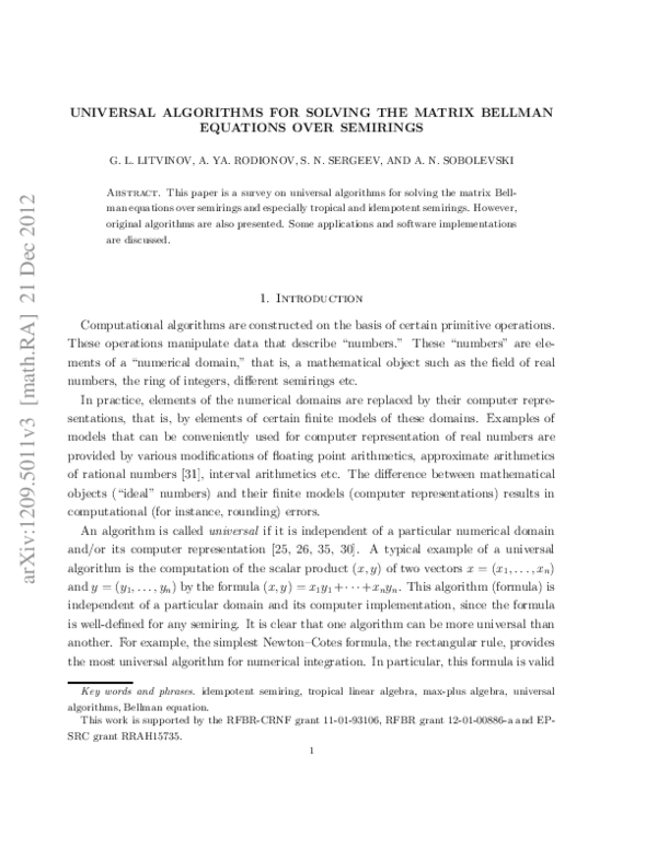 (PDF) Universal algorithms for solving the matrix Bellman equations over semirings