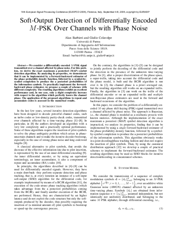 (PDF) Soft-Output Detection of Differentially Encoded M -PSK Over ...