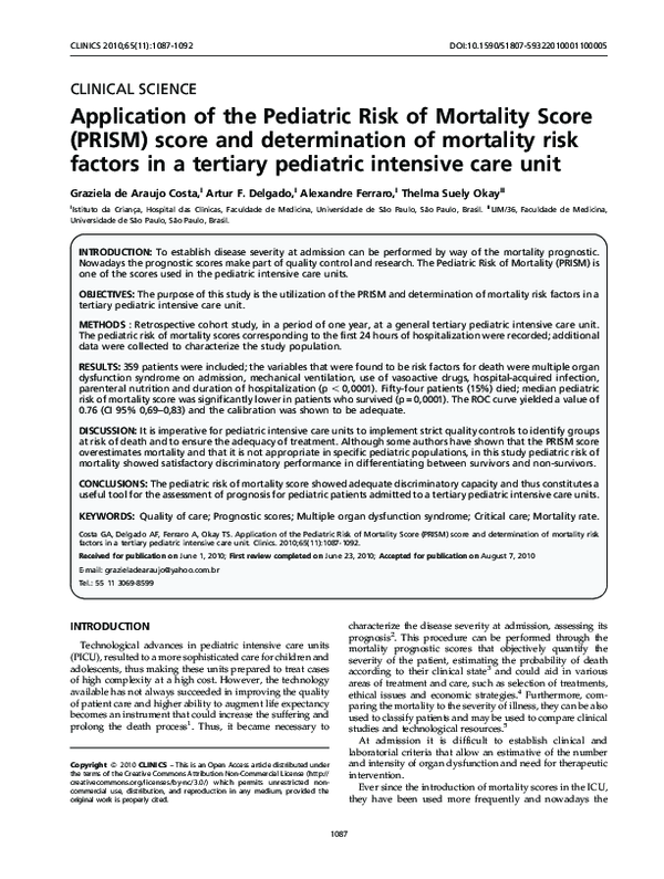 (PDF) Application of the pediatric risk of mortality (PRISM) score and ...