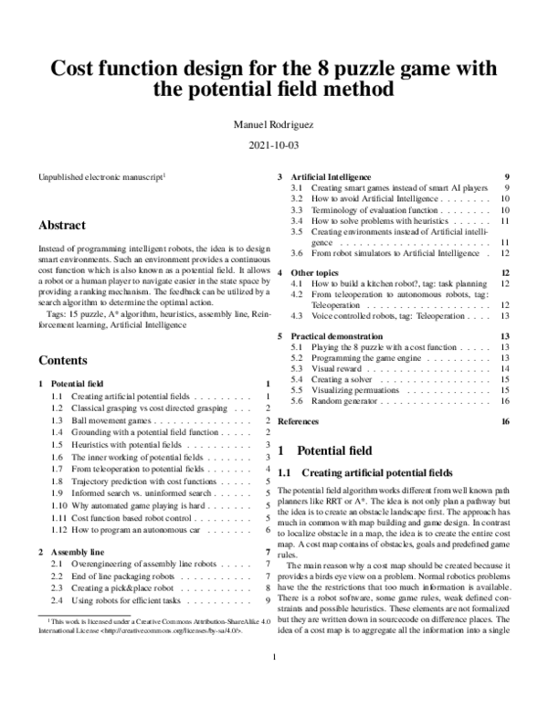 (PDF) Cost function design for the 8 puzzle game with the potential ...