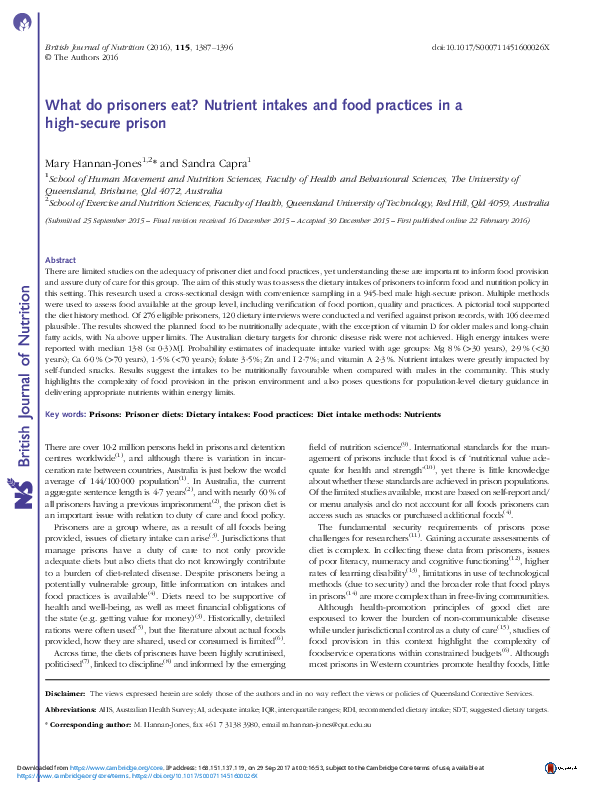 (PDF) What do prisoners eat? Nutrient intakes and food practices in a ...