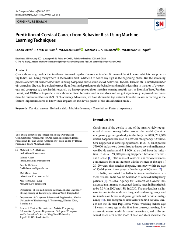 (PDF) Prediction of Cervical Cancer from Behavior Risk Using Machine ...