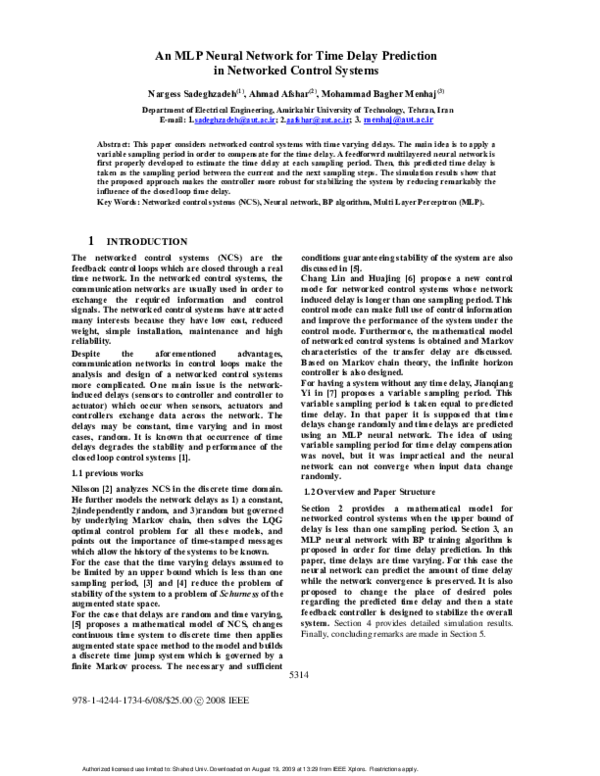 (PDF) An MLP neural network for time delay prediction in networked control systems