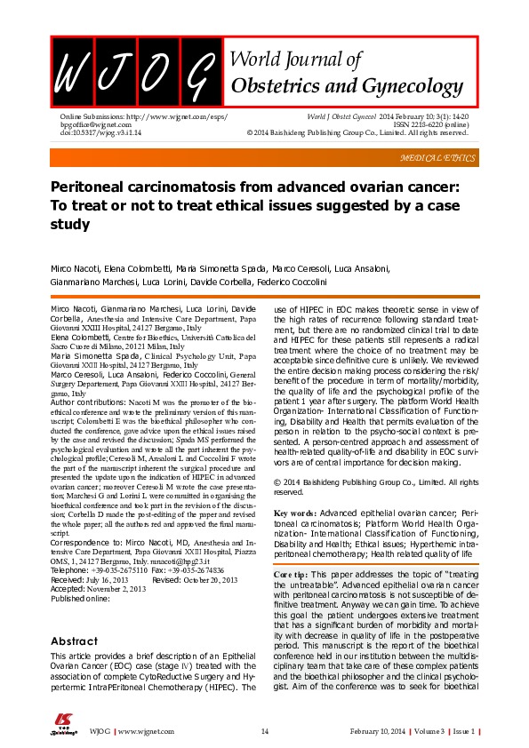 (PDF) Peritoneal carcinomatosis from advanced ovarian cancer: To treat ...