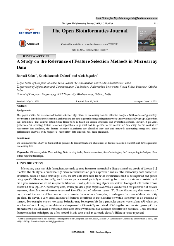 (PDF) A Study on the Relevance of Feature Selection Methods in Microarray Data