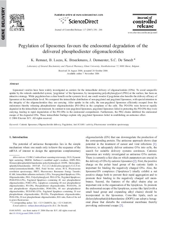 (PDF) Pegylation of liposomes favours the endosomal degradation of the ...