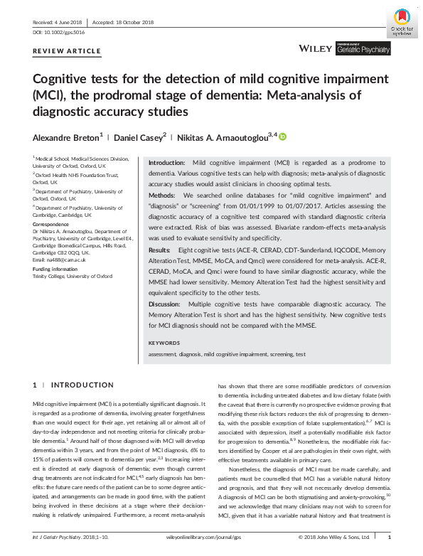 (PDF) Cognitive tests for the detection of mild cognitive impairment ...