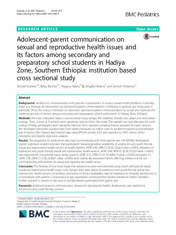 (PDF) Adolescent - parent communication on sexual and reproductive health issues among high ...